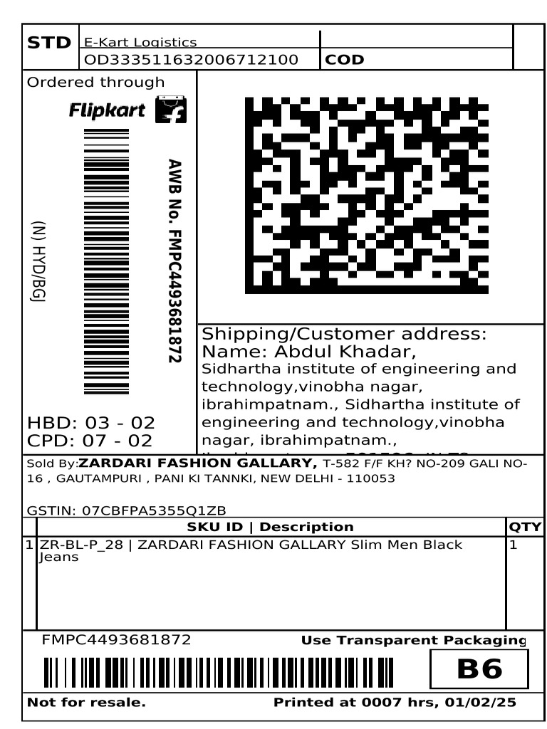 Zardari Fashion Gallery Order Details | PDF