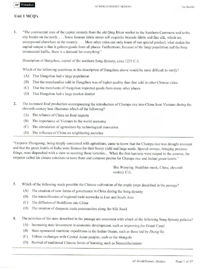 AP World History: Modern Unit 1 MCQs | PDF | China | World Politics