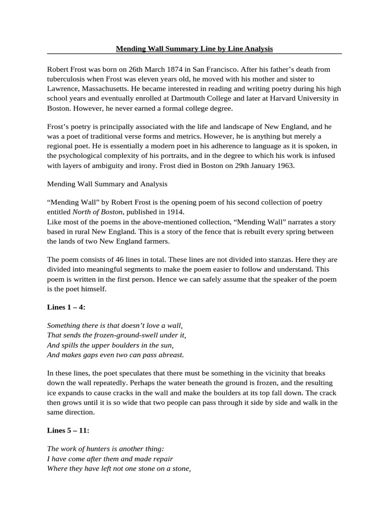 Mending Wall Summary Line by Line Analysis | PDF | Poetry | Wall