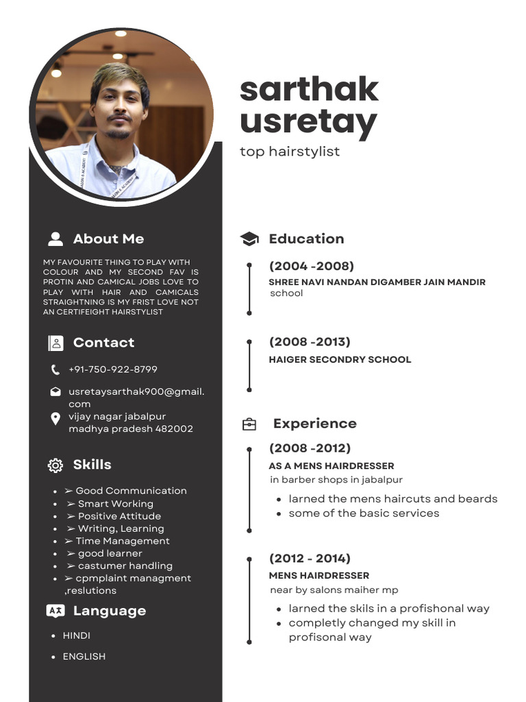 SARTHAK USRETAY CV Resume | PDF | Hairdresser | Behavior Modification