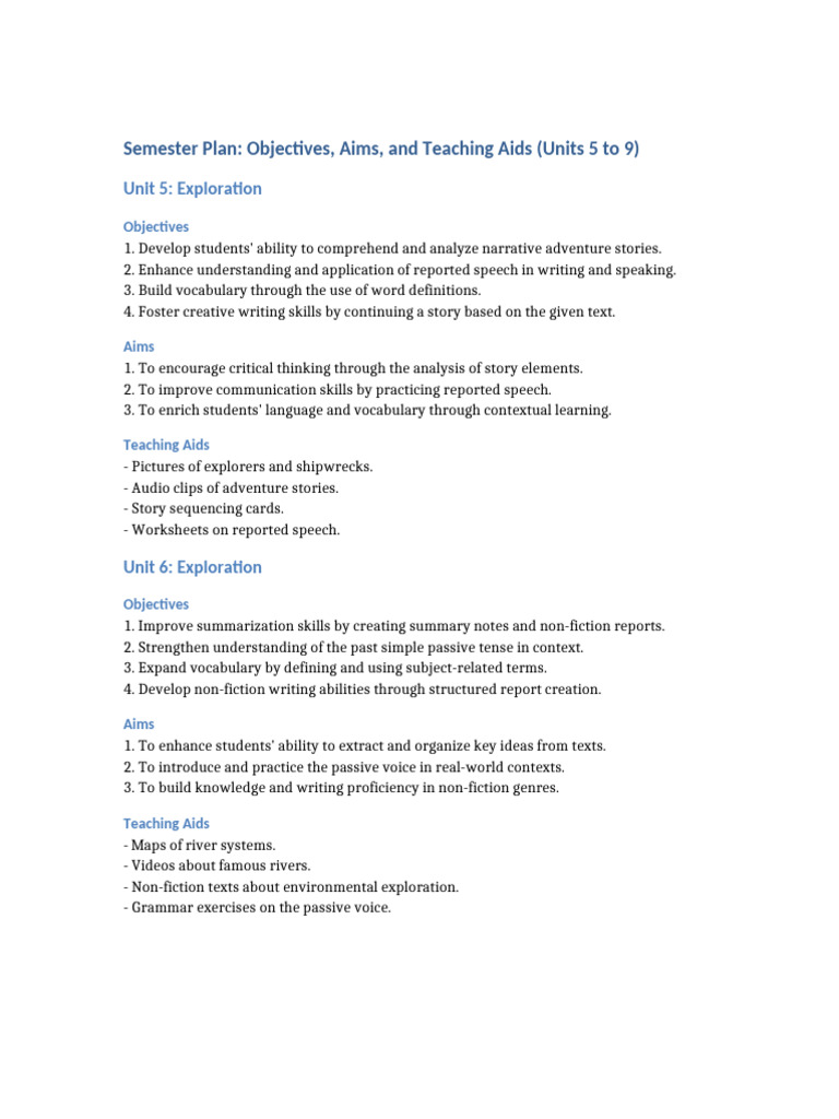 Semester Plan Objectives Aims Teaching Aids | PDF | Vocabulary | Narrative