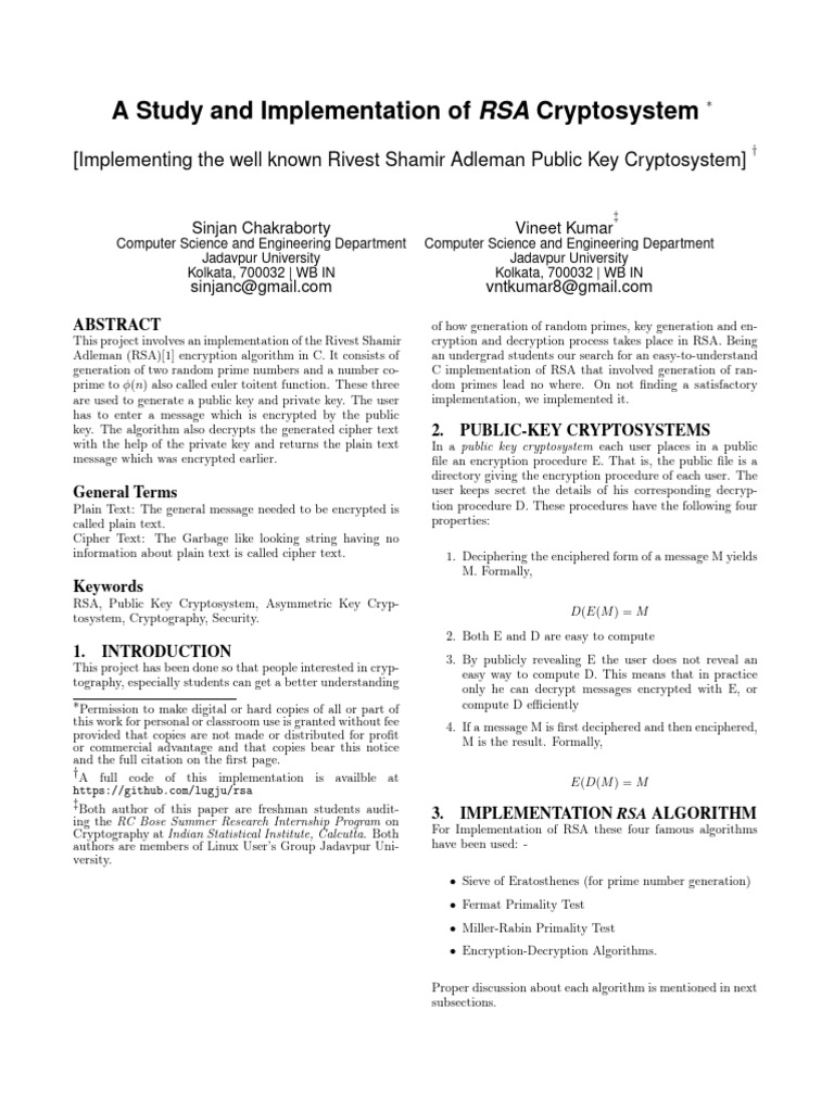 A Study and Implementation of RSA Crypto | PDF | Encryption | Public Key Cryptography