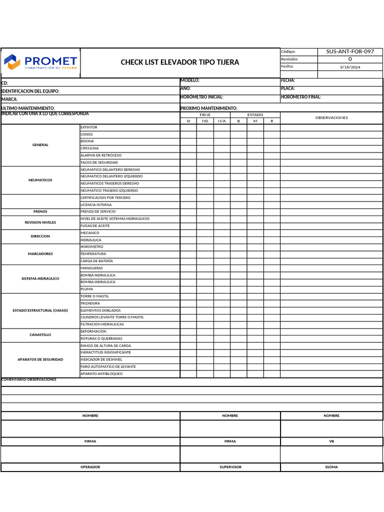 Check List Elevador Tijera | PDF | Vehículos con tracción trasera ...