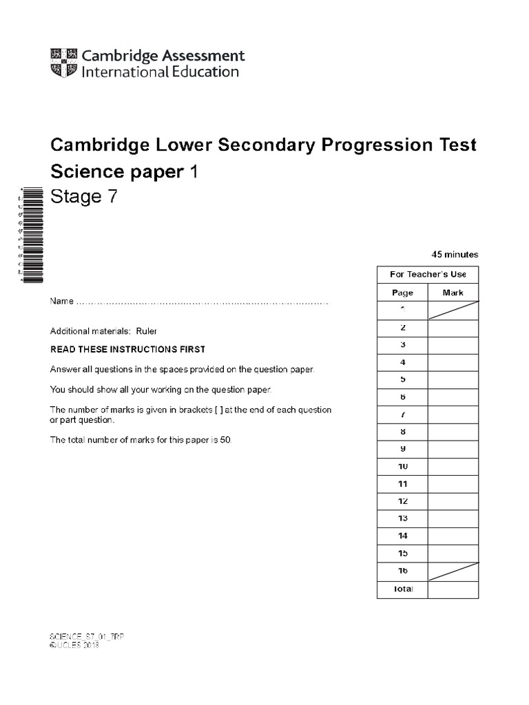 Cambridge Lower Secondary Progression Test Science Stage 7 Paper 1 PDF ...