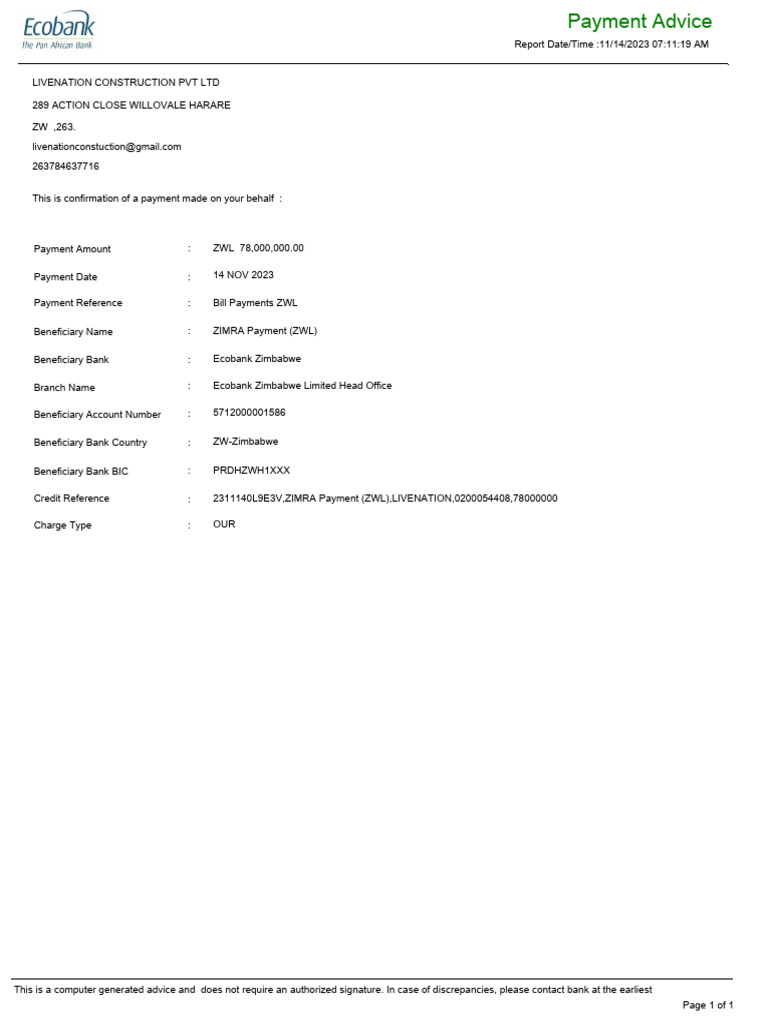 Payment Confirmation for ZIMRA - Nov 2023 | PDF
