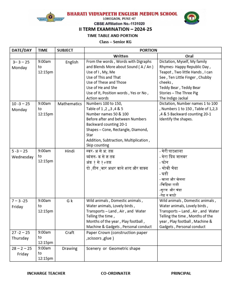 Pre Primary Portion and Timetable (UKG) 25 | PDF