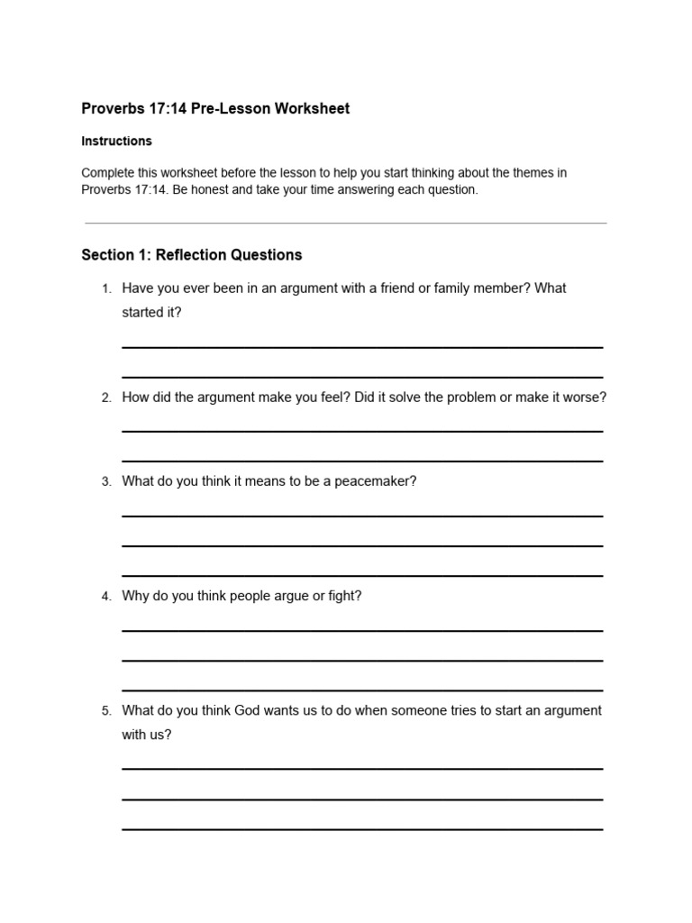 Proverbs 17 - 14 PreLesson Worksheet | PDF