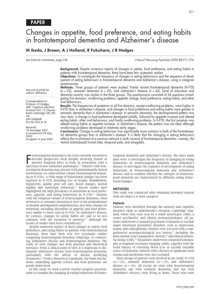 Changes in appetite, food preference, and eating habits - Alzheimer's ...