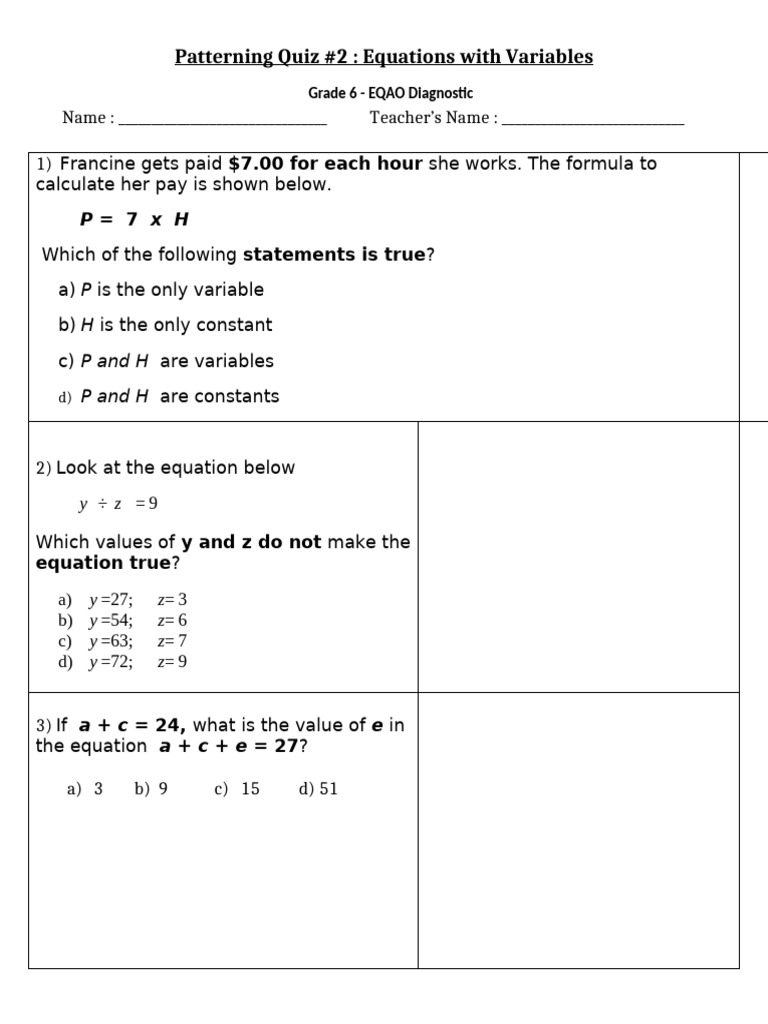 Patterning Quiz 2 - Equations With Variables | PDF