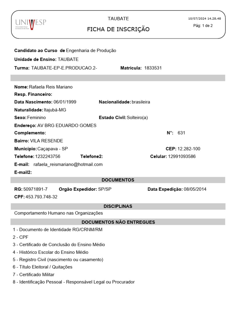 Ficha Inscricao Matricula Rel 21720632528501 | PDF