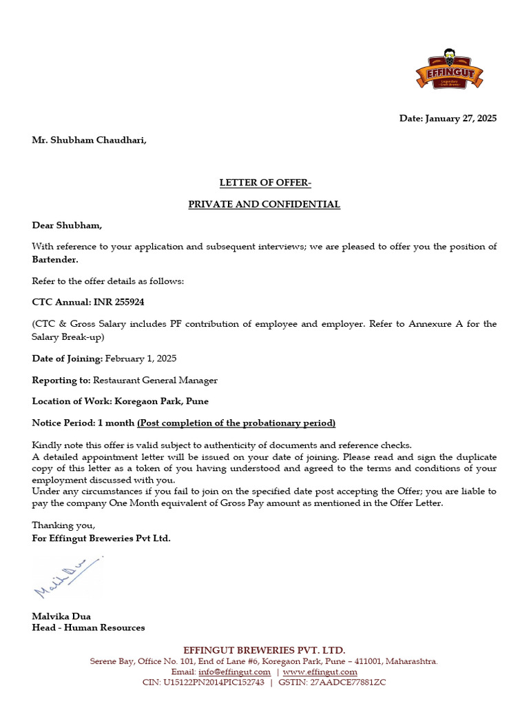 Bartender Job Offer from Effingut | PDF | Taxation | Economies