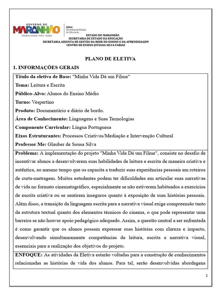 Plano de Eletiva - Minha Vida Dá Um Filme | PDF | Roteiro | Narrativa