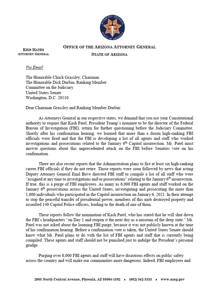 Arizona Attorney General Letter To Senate Judiciary Committee | PDF ...