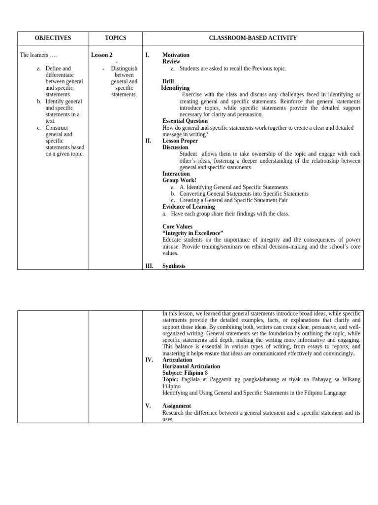 Lesson Plan General Specific Statement | PDF | Cognitive Science ...