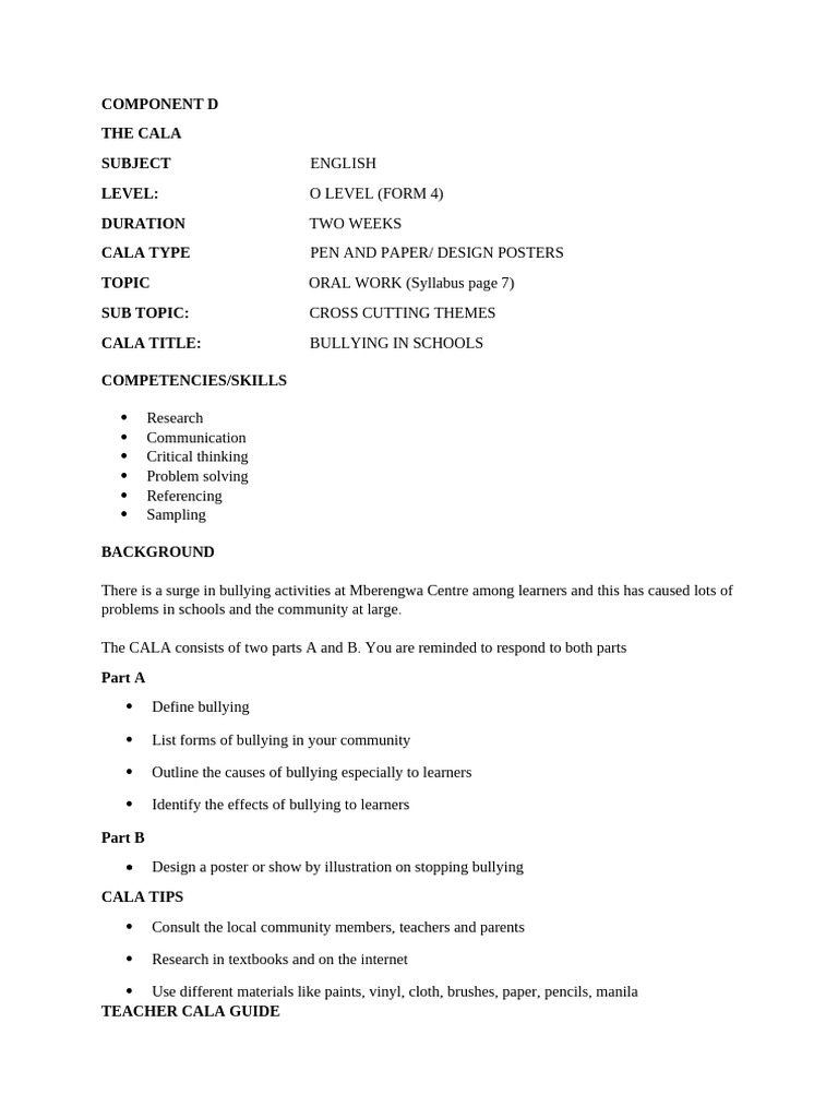 CALA ENGLISH A - BULLYING | PDF | Bullying | Learning