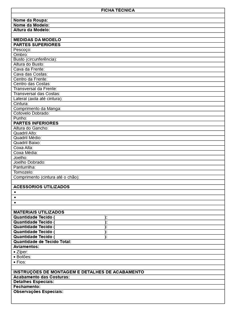 Ficha Técnica Roupas | PDF