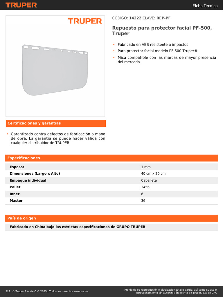 Repuesto para Protector Facial PF-500, Truper: Código: 14222 Clave: Rep ...