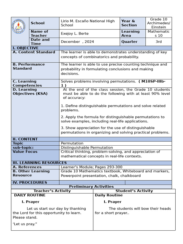 Lesson Plan 2 Distinguishable Permutation | PDF | Permutation | Cognition