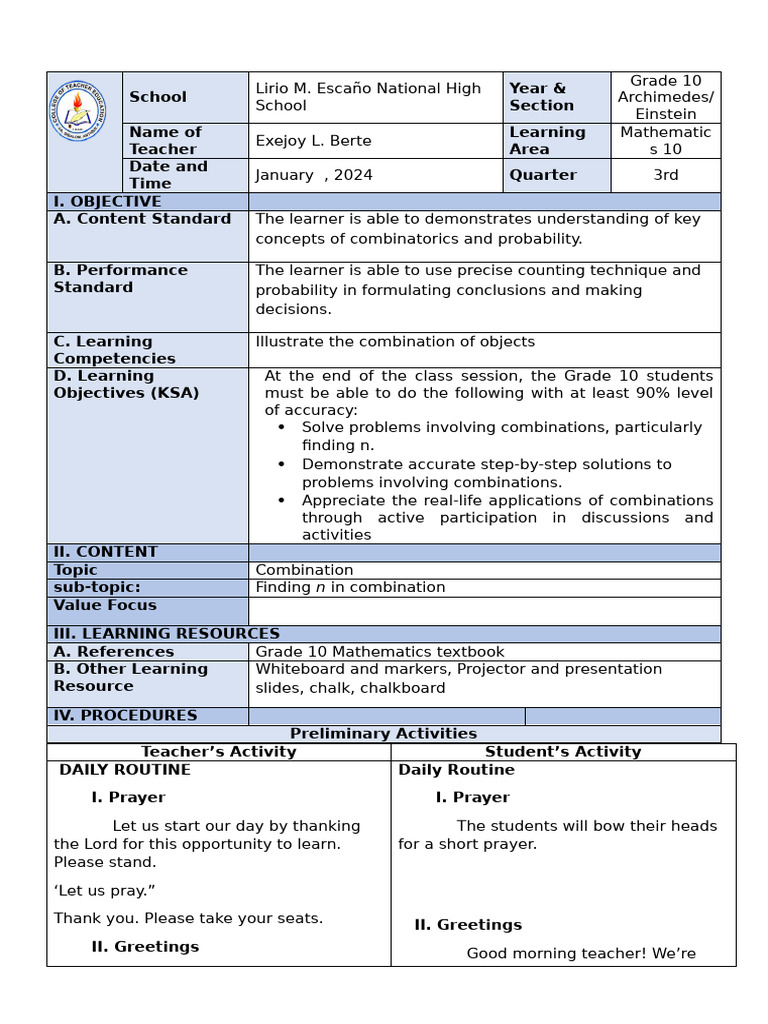 Lesson Plan 5 Finding N in Combination | PDF | Learning | Multiplication
