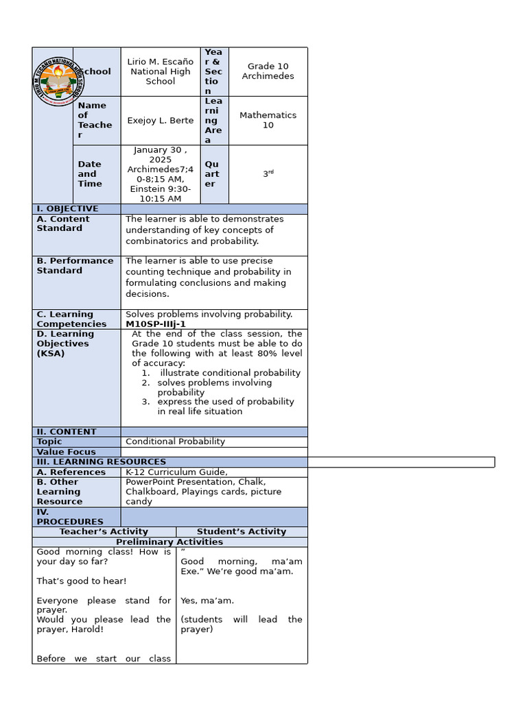 Lesson Plan 12 Conditional Probability | PDF | Probability | Learning