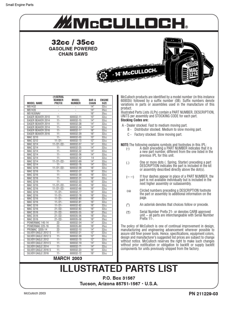Mcculloch Parts List 211229 | PDF | Vehicle Technology | Engines