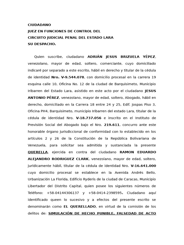 ULTIMA - ULTIMA Querella Contra Ramon Rodriguez Clark (17-09-2022) | PDF | Queja | Venezuela