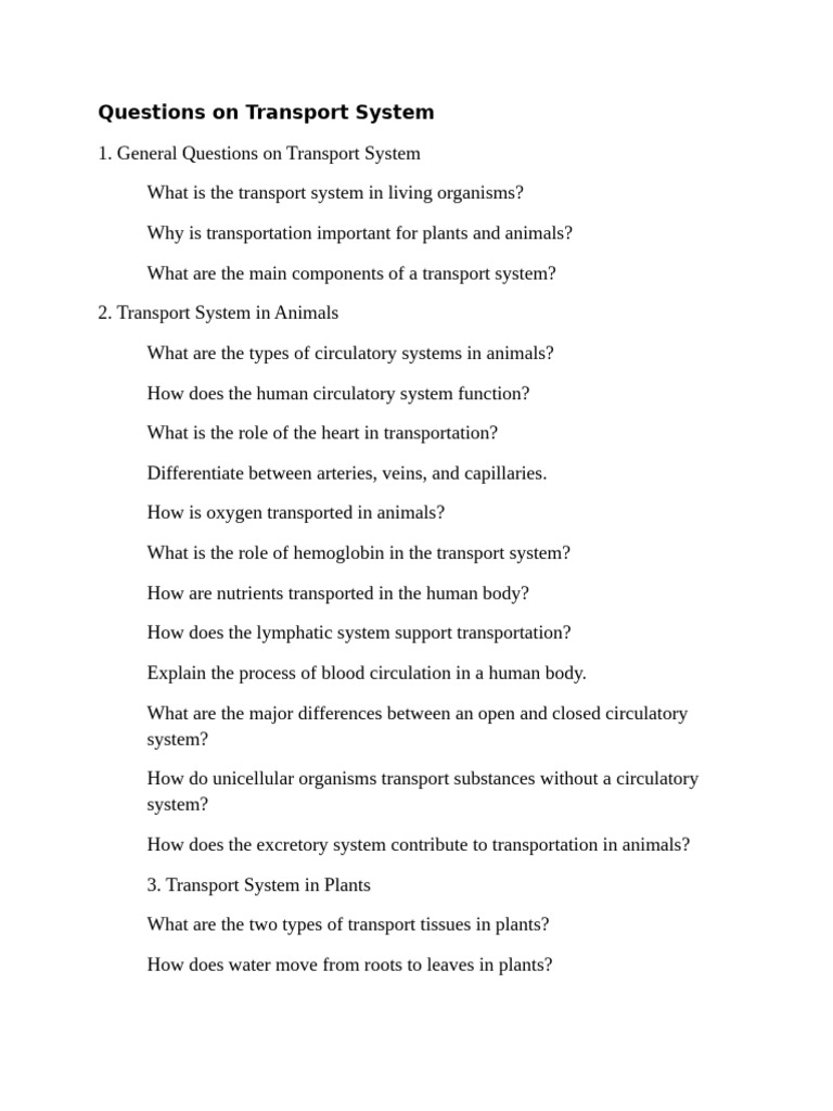 Questions On Transport System | PDF | Circulatory System | Blood