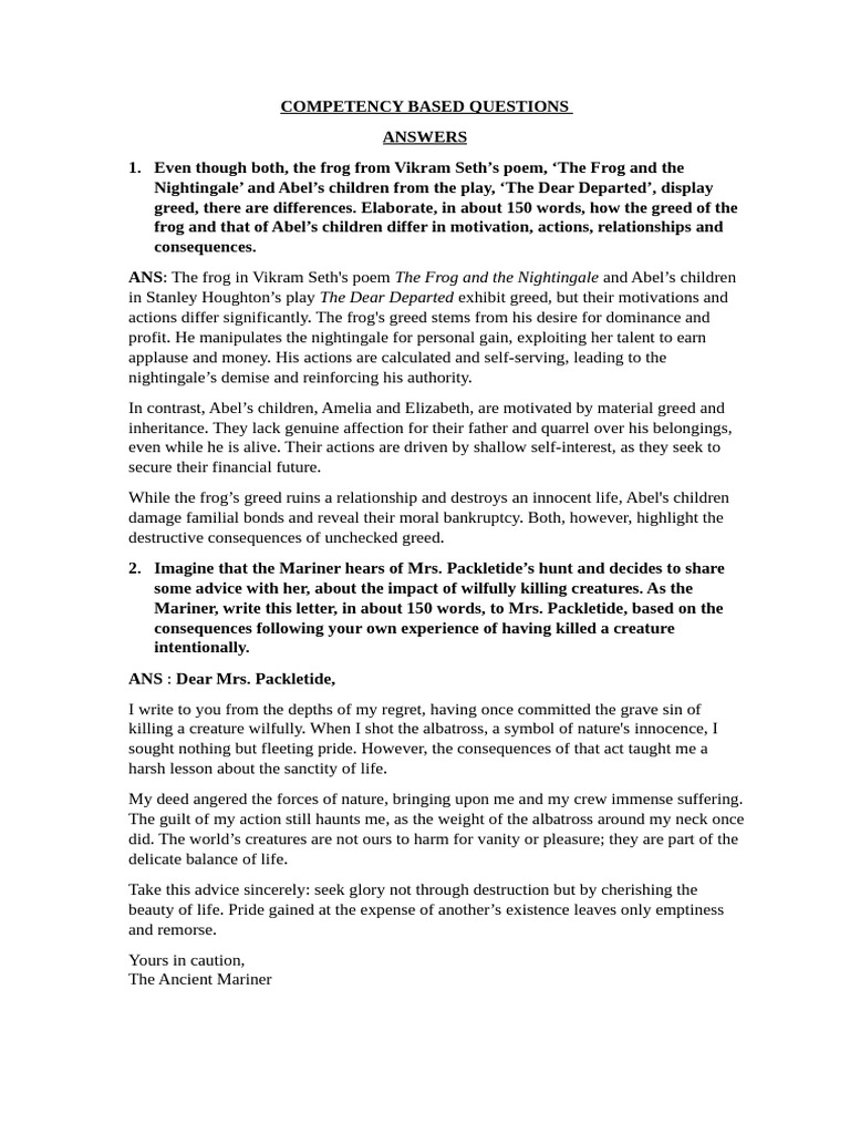 Class 10 Competency-Based Questions | PDF | Greed | Pride