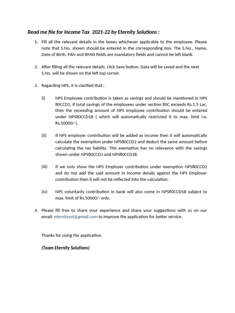 Read Me File for Income Tax 2021-22 by Eternity Solutions | PDF