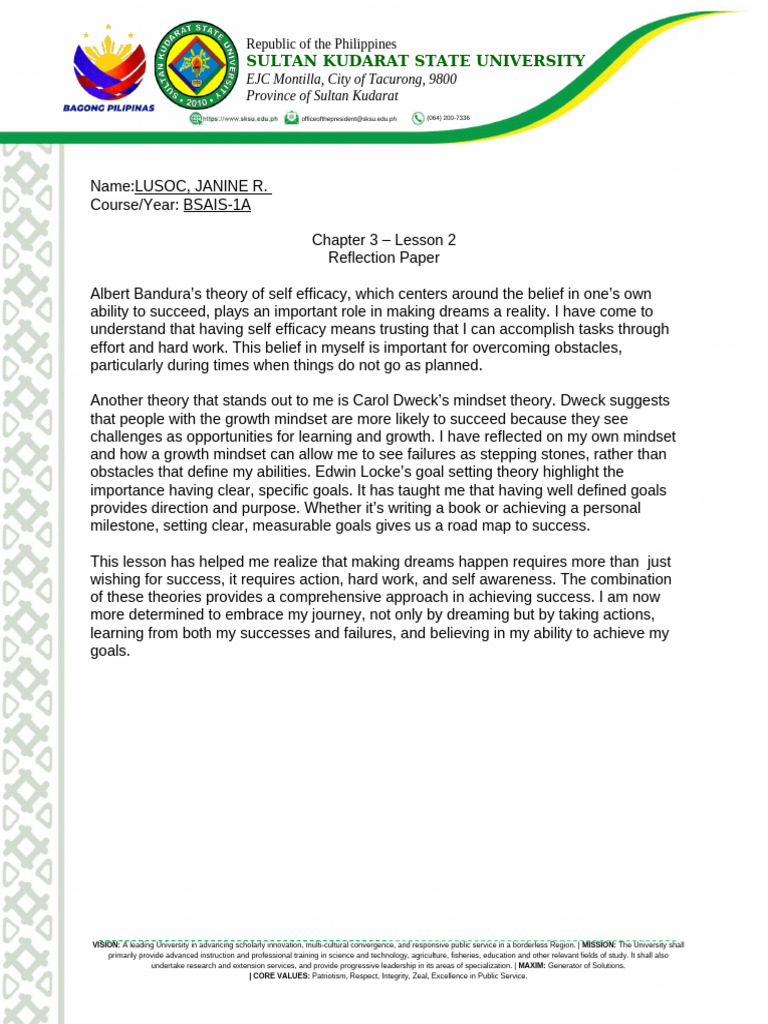 Self Efficiacy Reflection Paper (Lesson 2) | PDF | Goal | Self Efficacy