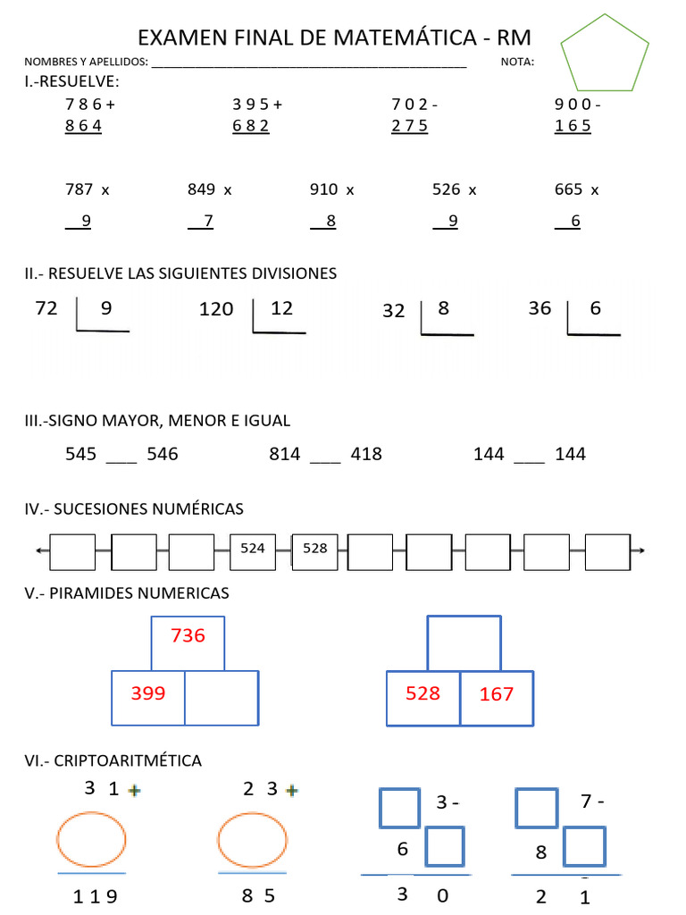 Examen Final Matemática Primaria | PDF