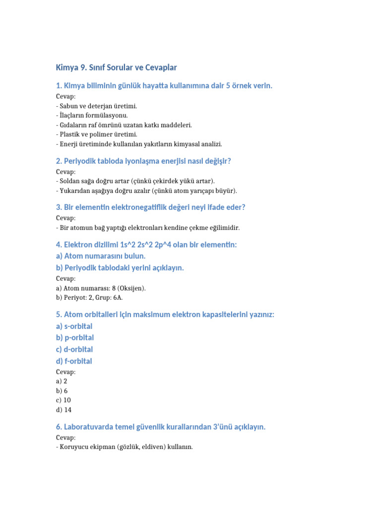 Kimya Sorular Cevaplar9 | PDF