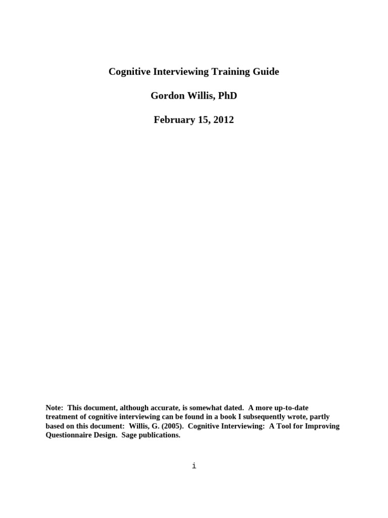 Cognitive Interviewing Training Guide Gordon Willis, PHD February 15 ...
