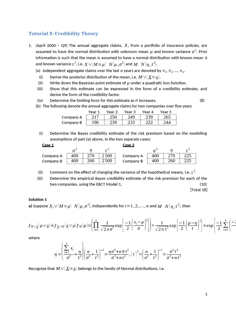Credibility Theory (Tutorial Problem Set) | PDF | Statistical Analysis | Teaching Mathematics
