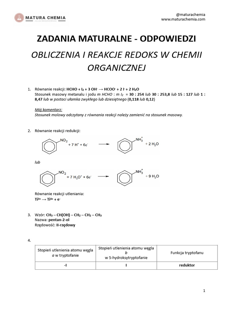 ODPOWIEDZI Obliczenia I Reakcje Redoks W Chemii Organicznej | PDF