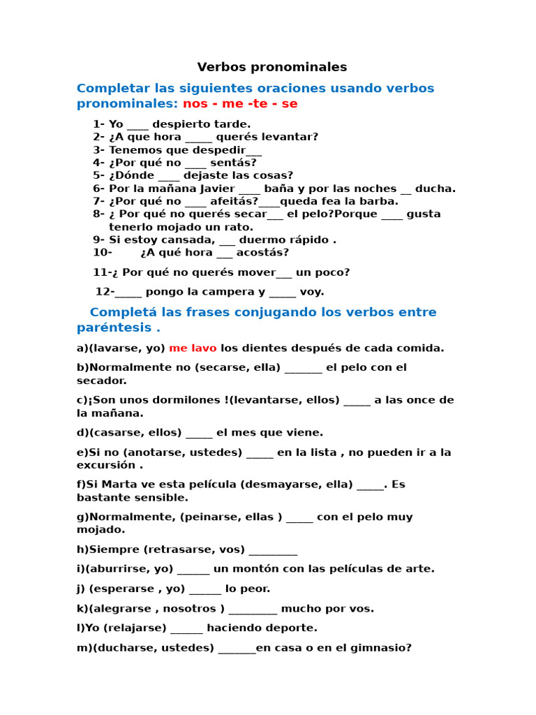 Ejercicios de Verbos Pronominales | PDF