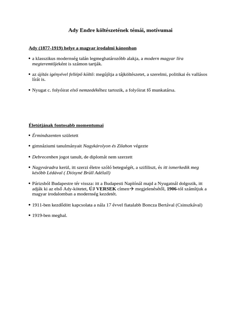 Ady Endre Költészetének Témái Erettsegi T | PDF