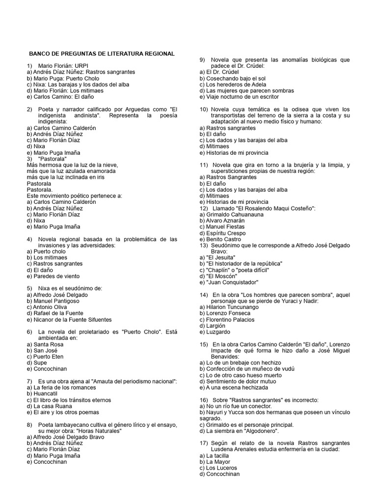 BANCO DE PREGUNTAS DE LITERATURA REGIONAL | PDF | Escritura
