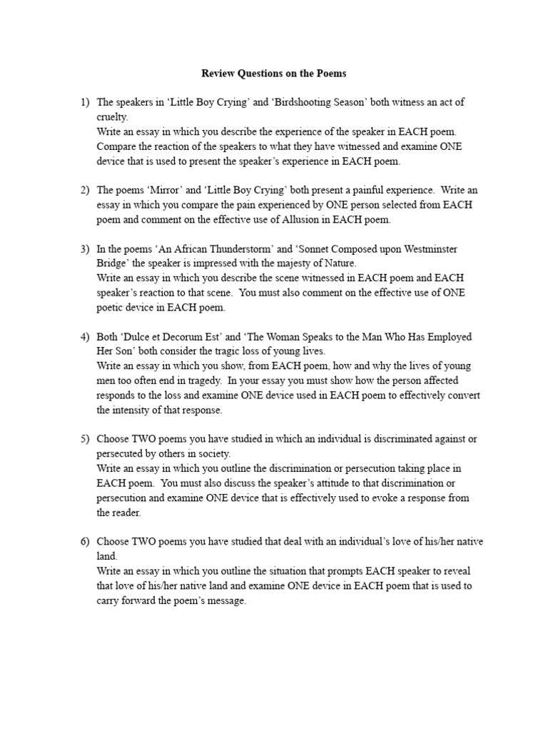 Review Questions On The Poems | PDF | Poetry | Essays