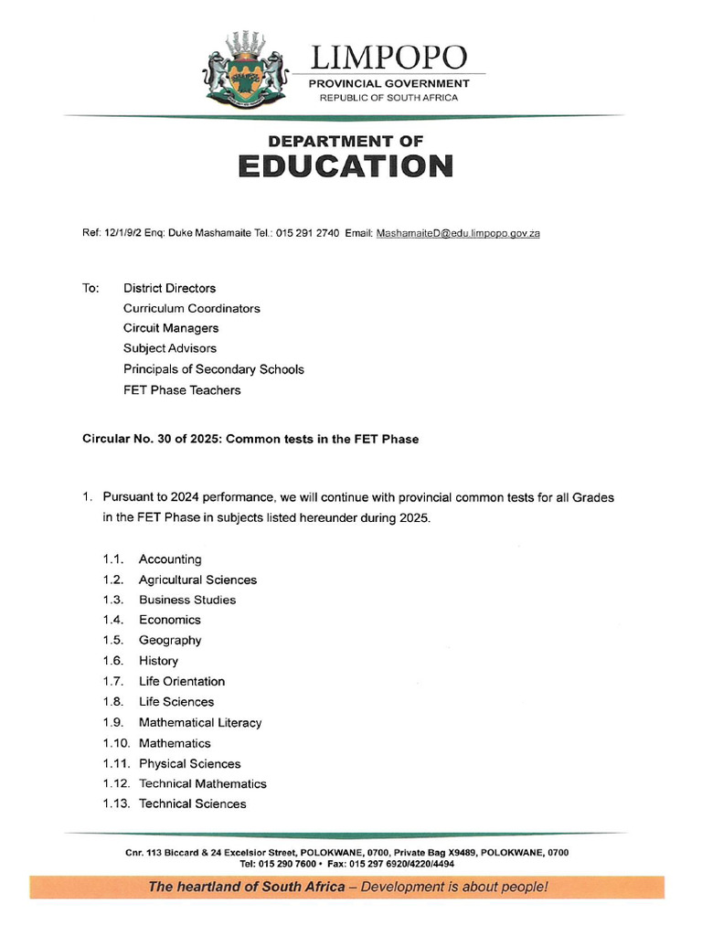 Common Tests Timetable Circular No 30 of 2025 | PDF