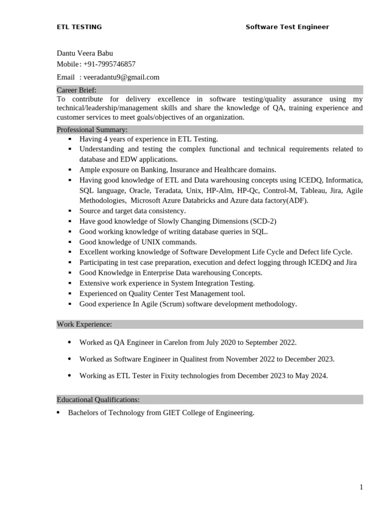 Veera Resume ETL TESTER 4 Years | PDF | Databases | Software Testing