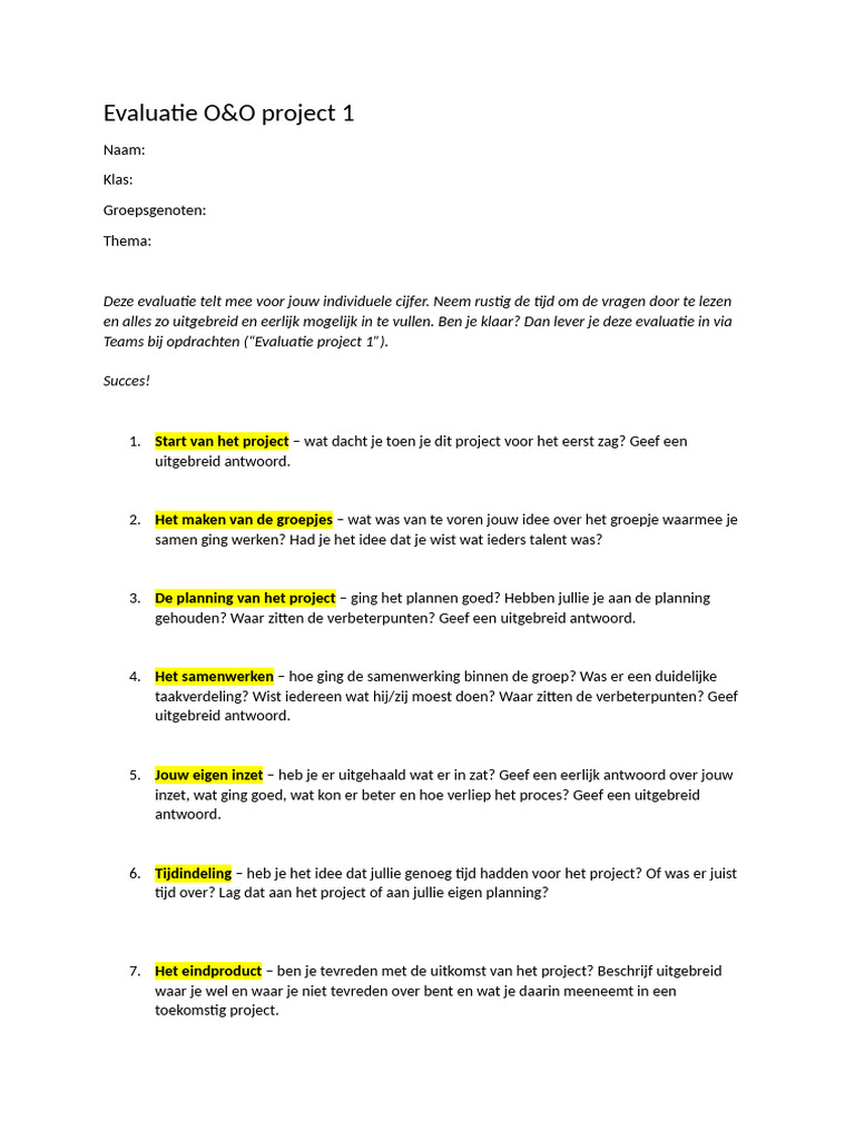 Evaluatie Project 1 | PDF