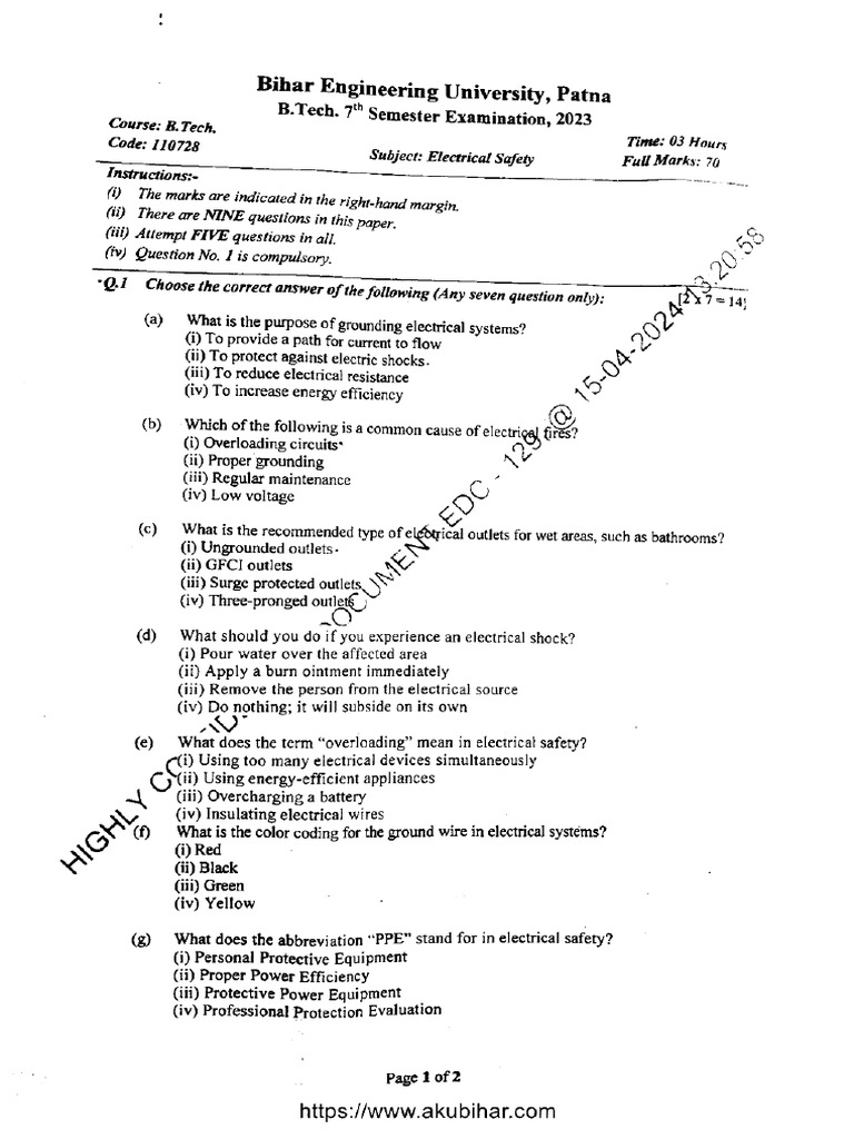 Btech Eee 7 Sem Electrical Safety 110728 2023 | PDF