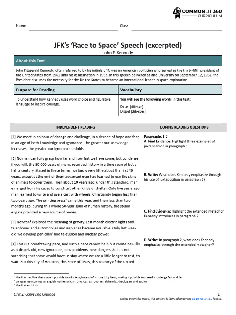 9 JFK's 'Race To Space' Speech (Excerpted) STUDENT | PDF