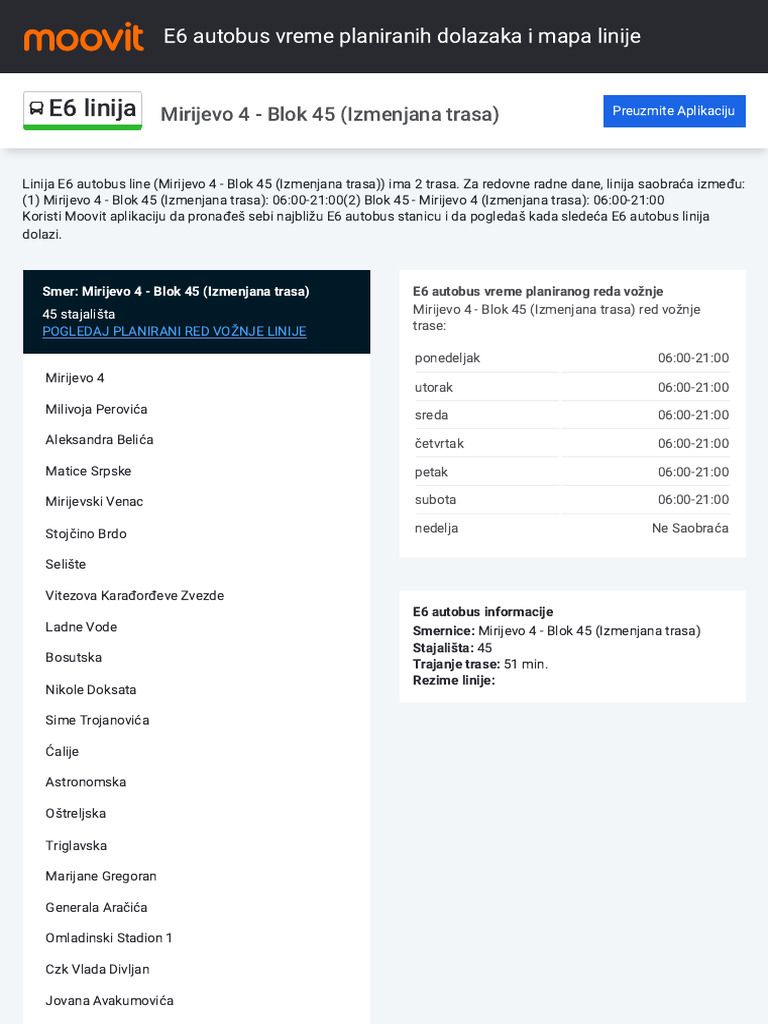 E6 Linija: Mirijevo 4 - Blok 45 (Izmenjana Trasa) | PDF