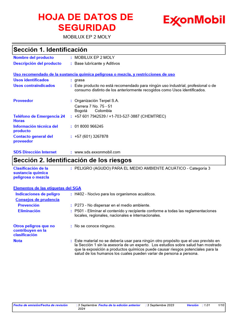 Hoja de Seguridad MOBILUX EP 2 MOLY | PDF | Química