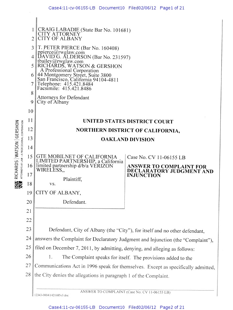 ANSWER To Complaint For Declaratory Judgment and Injunction by City of ...