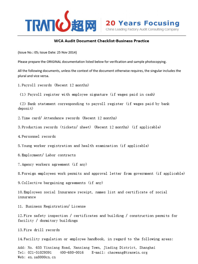 WCA Audit Document Checklist | PDF | Employment | Labour Law