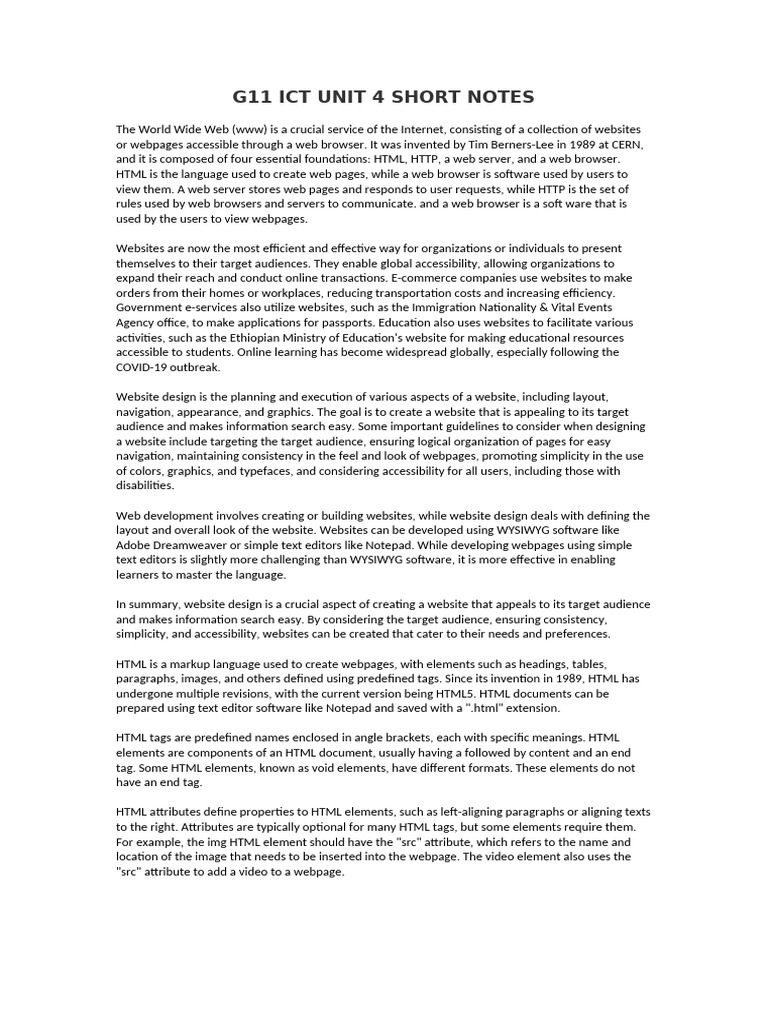 G11 ICT UNIT 4 SHORT NOTES | PDF | Hyperlink | World Wide Web