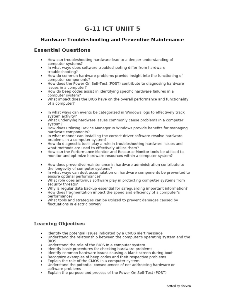 G-11 Ict Unit 5 Questions | PDF | Bios | Booting